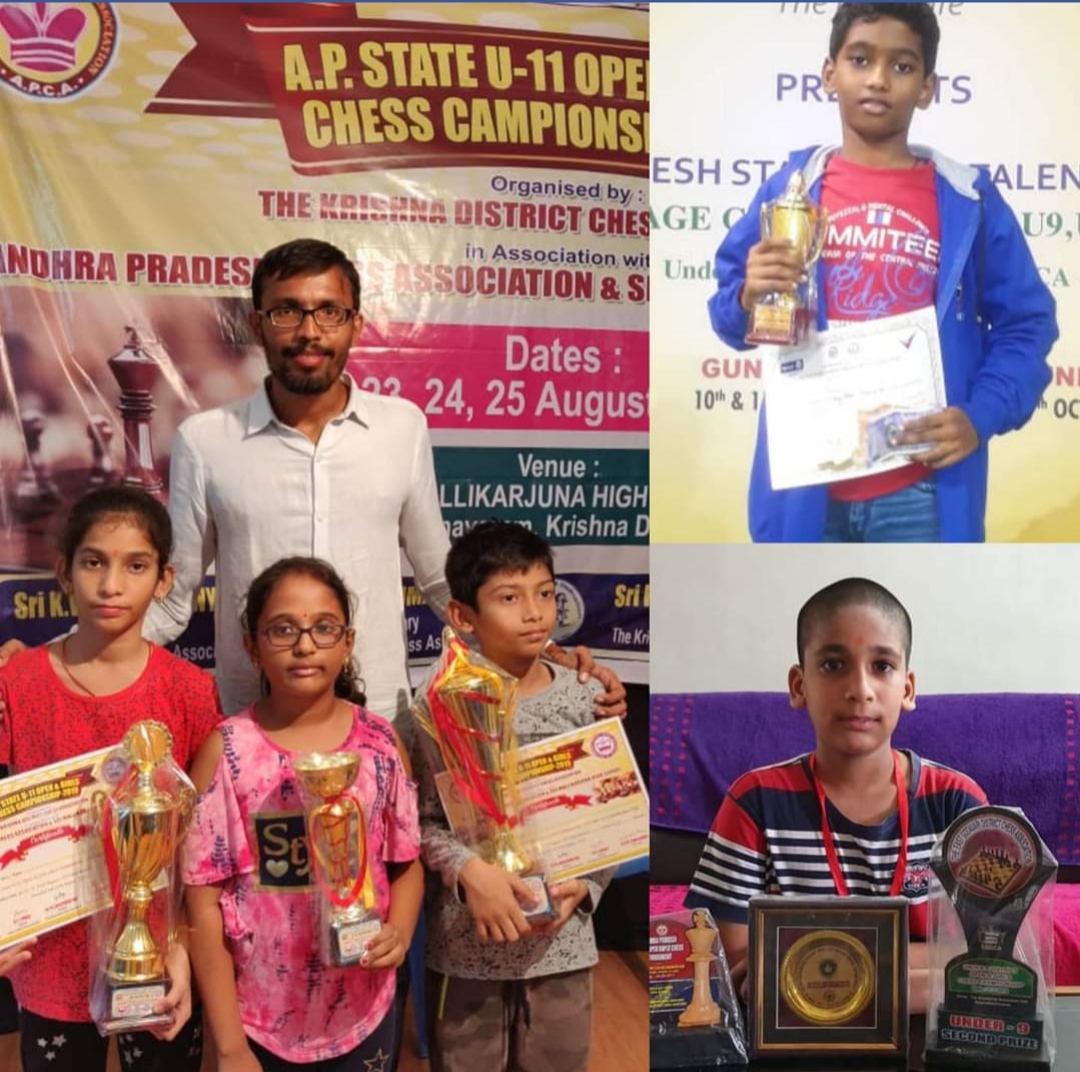 Roy Chess Academy students with instructor and trophies at A.P. State U ...